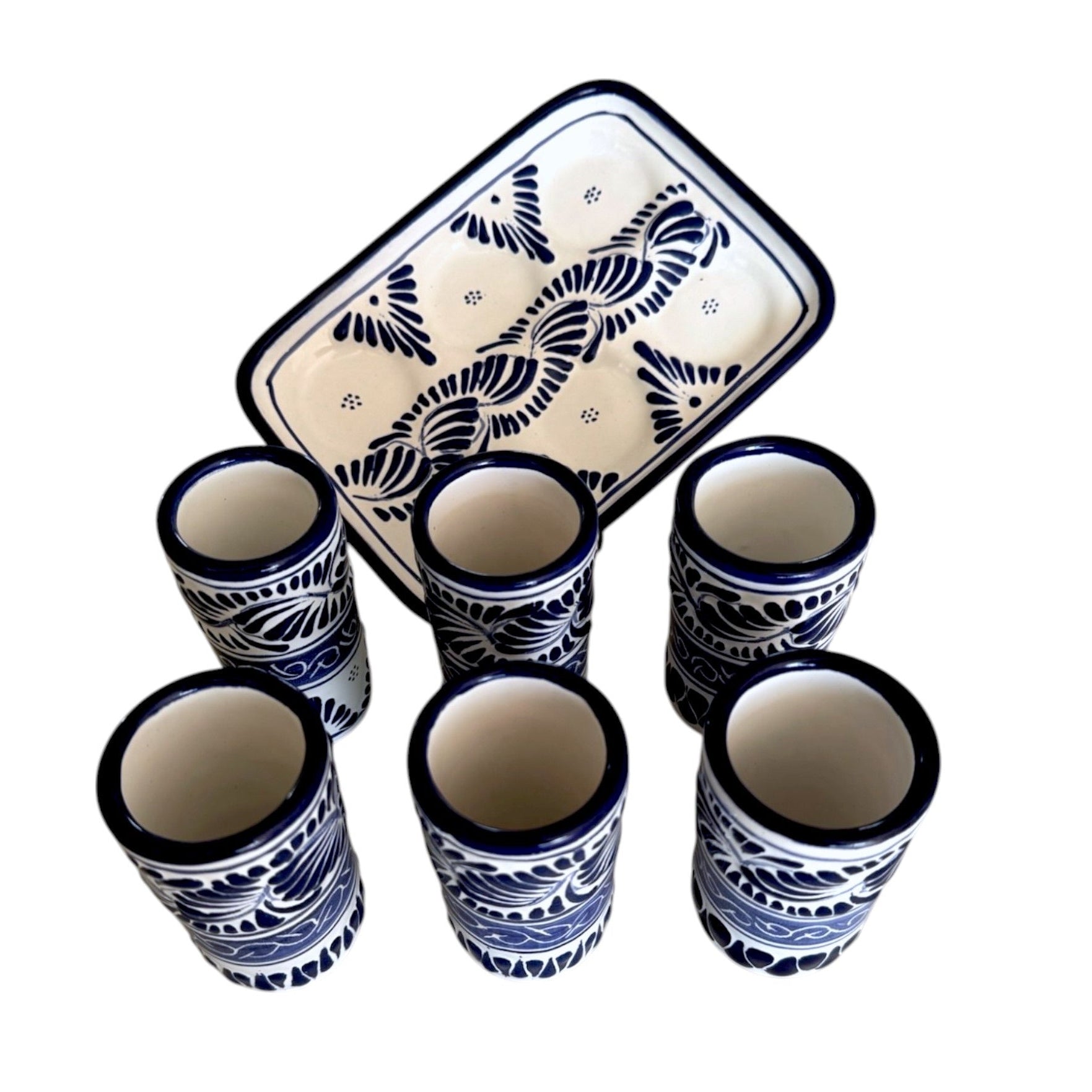 Set de 6 tequileros y charola rectangular – Arte Cruz Talavera